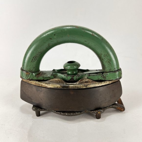 Accents | Antique Flat Sad Iron Resting Stand Trivet Green Wood Handle ...